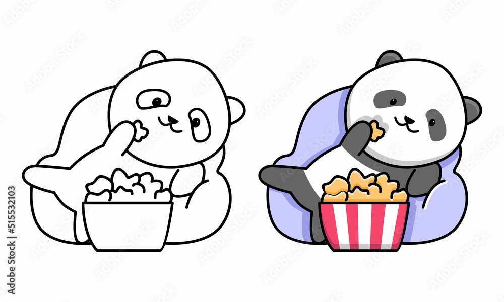 Cute panda eating popcorn coloring page for kids Stock Vector | Adobe Stock