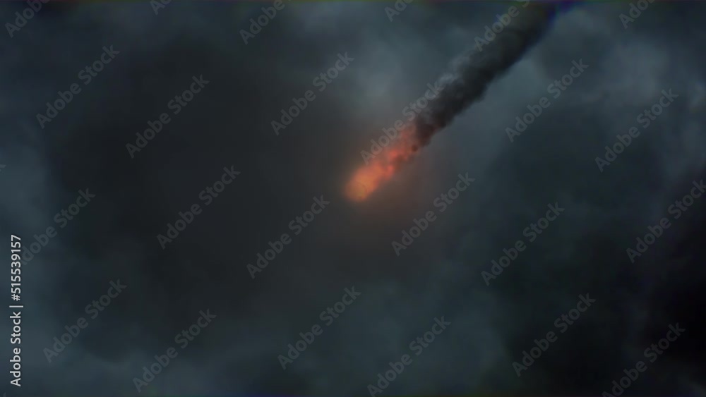 Asteroid falling from the sky with dark clouds and smoke trail. Scene ...