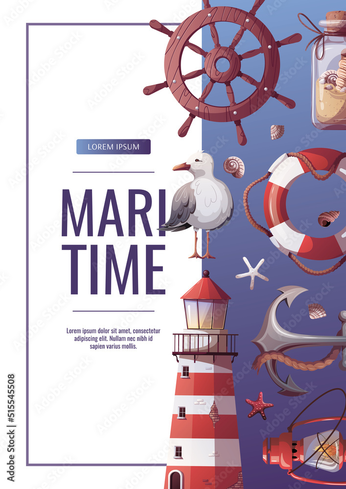 Flyer design with Ship's steering wheel, anchor, lifebuoy, sand bottle ...