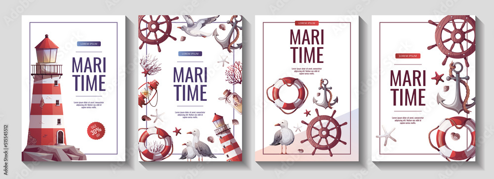 Sewt of flyers with lighthouse, ship's steering wheel, anchor, lifebuoy ...