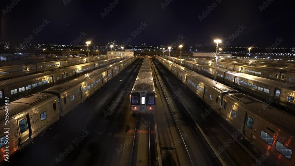 West Side Yard at night. Commuter rail trains. Rail yard at night Stock ...