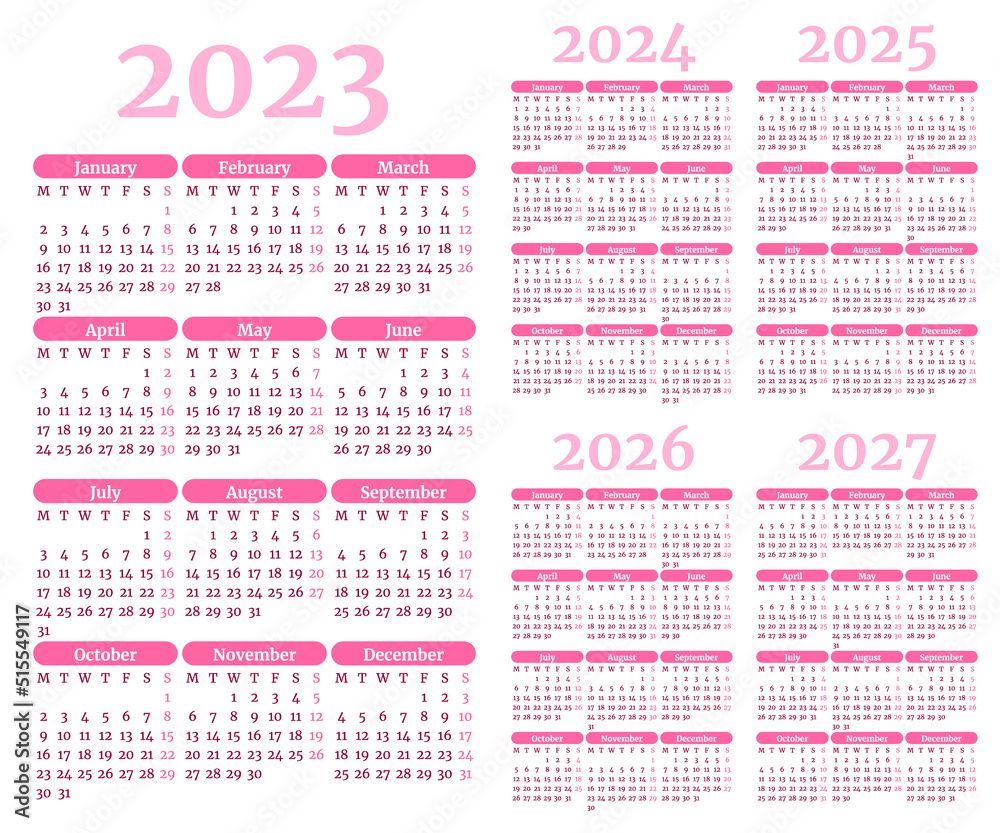 Set of monthly calendar templates for 2023, 2024, 2025, 2026, 2027 ...