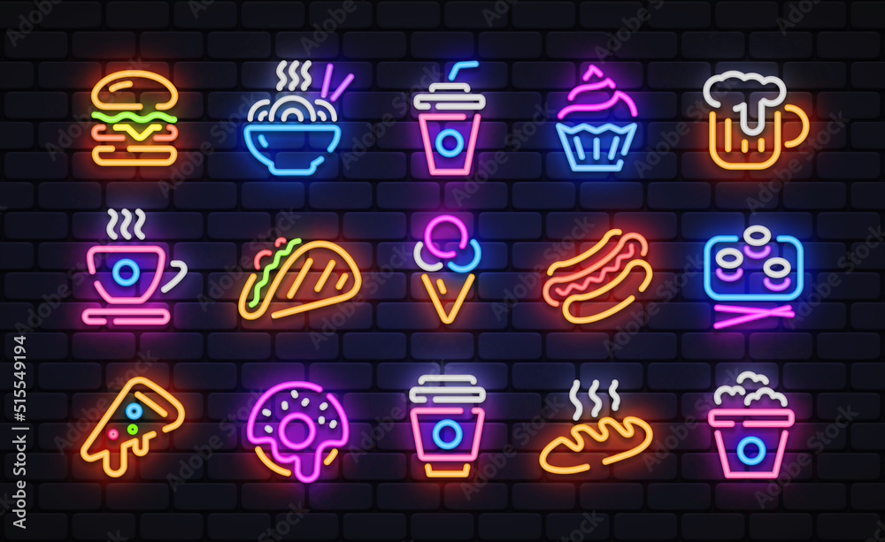 Neon food icons in vintage style on light background. Business, icon ...