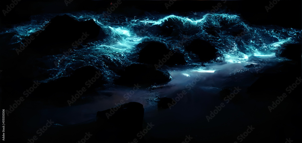 Night fantasy seascape with beautiful waves and foam. Night view of the ...