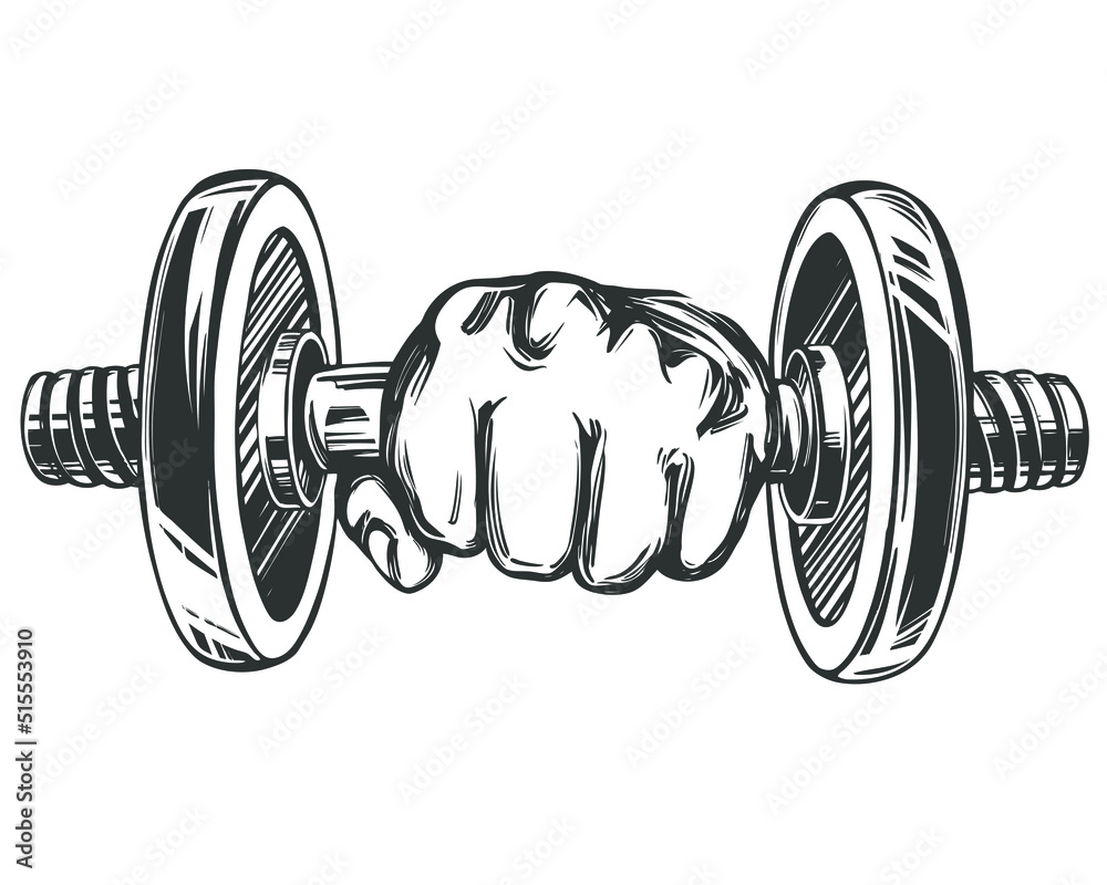 arm, strong hand holding a dumbbell, icon cartoon hand drawn vector ...