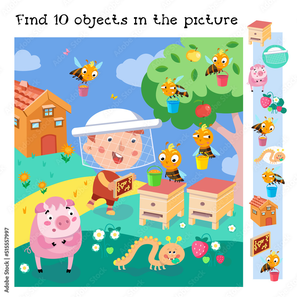 Find 10 hidden objects. Educational game for children. Cute beekeeper ... Find 10 hidden objects. Educational game for children. Cute beekeeper ...