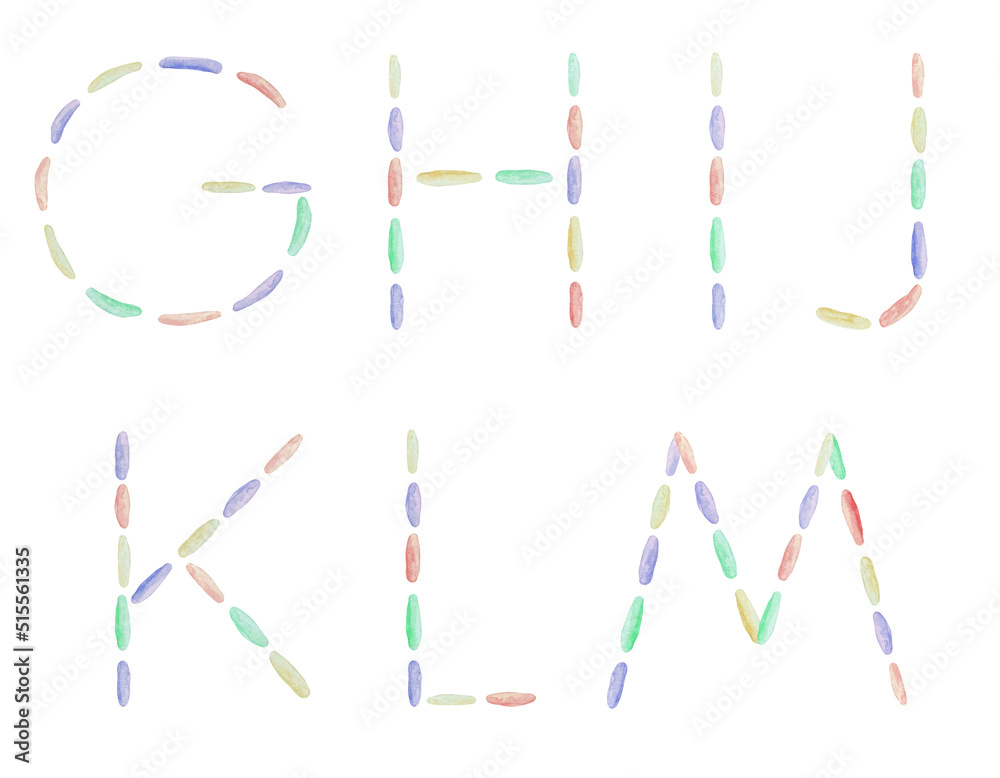 Watercolor embroidery colorful letters G H I J K L M of alphabet. ABC ...