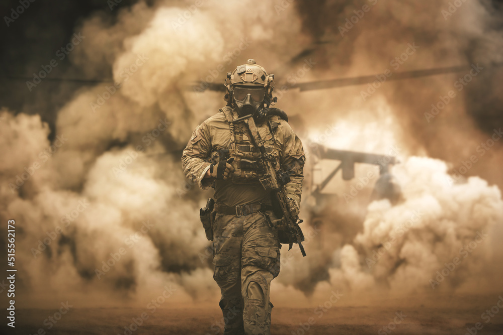 Military forces with gas mask between smoke and dust in battle field ...