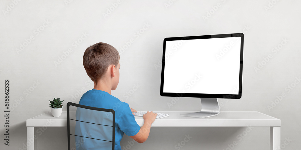 Boy working on the computer mockup. Isolated displaz screen for web ...