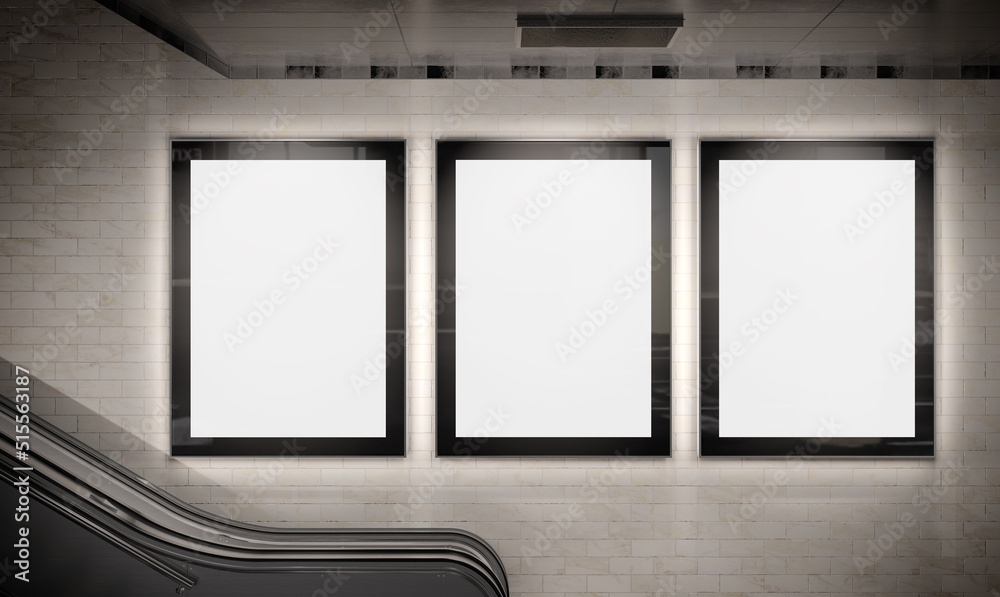 Three vertical billboards glowing on underground wall Mockup. Hoardings ...
