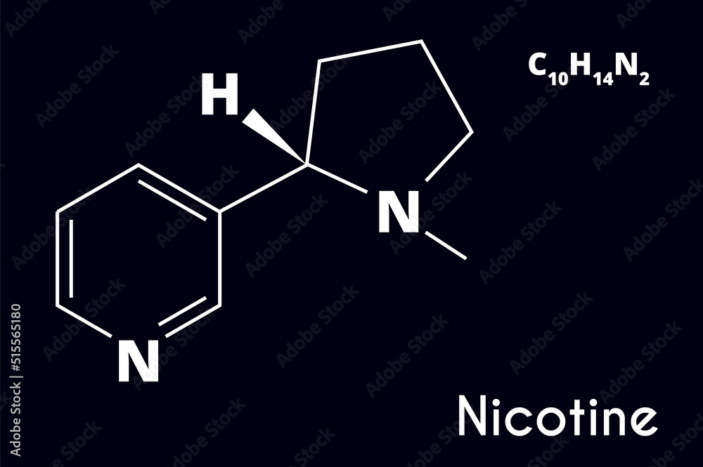 Nicotine molecule isolated on black background. Recreational drug ...