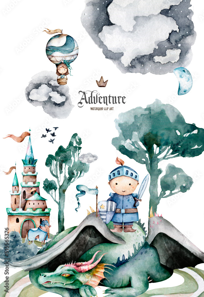 Knight, dragon and castle watercolor illustration. Fabulous mystical ...
