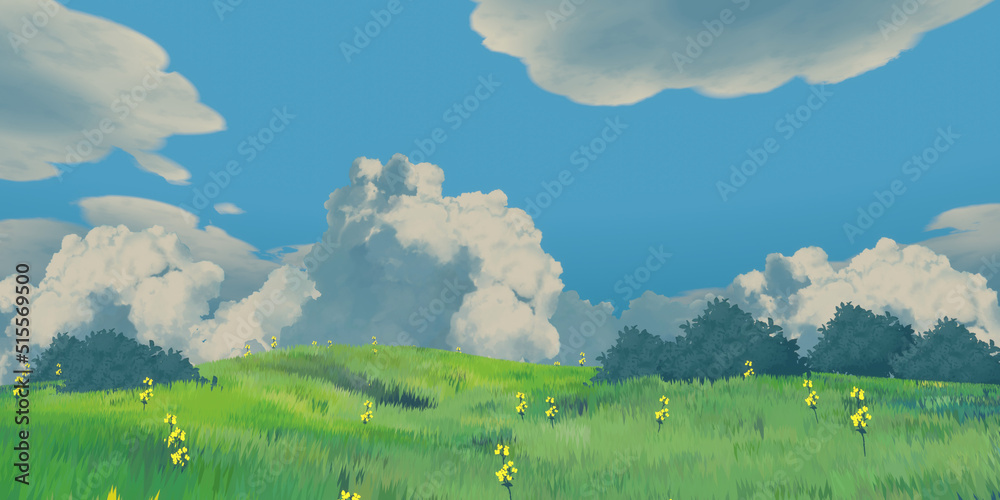 landscape summer grass and bushes in anime style Stock Illustration ...