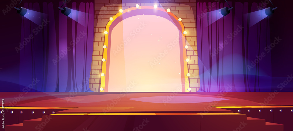 Stage for concert or show with spotlights, curtains and gold arch with ...