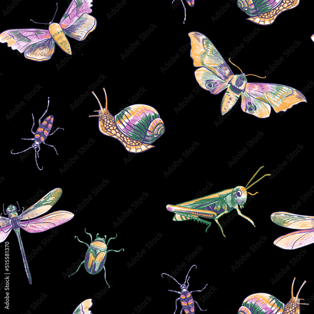 Drawings of insects in pencil on a black background. Seamless pattern ...