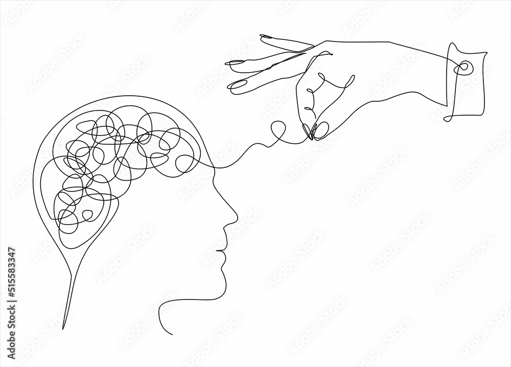 Psychologic therapy session concept with human head continuous line ...