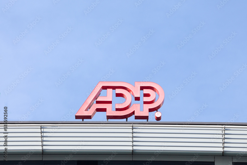 PRAGUE, CZECHIA - NOVEMBER 1, 2019: ADP logo in front of their office ...