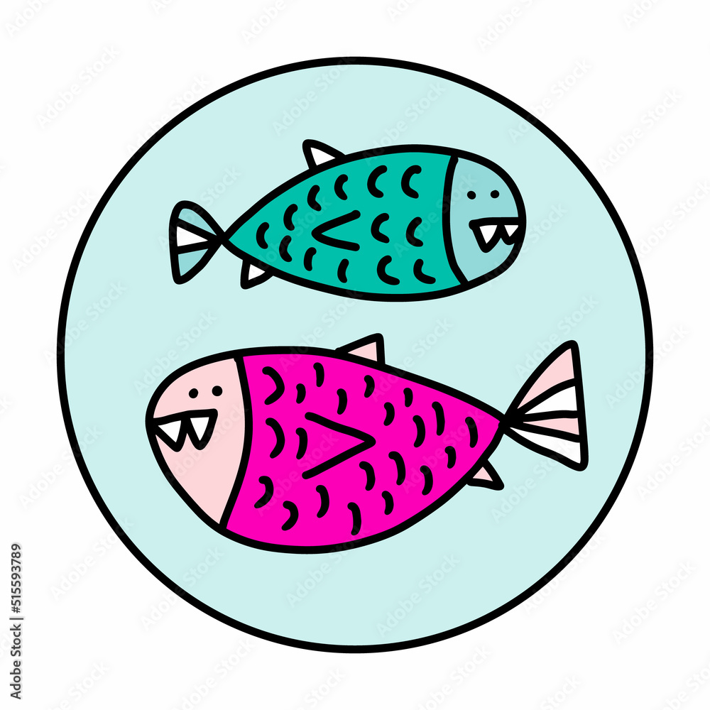 Pisces fish two couple hand drawn vector illustration in cartoon doodle ...