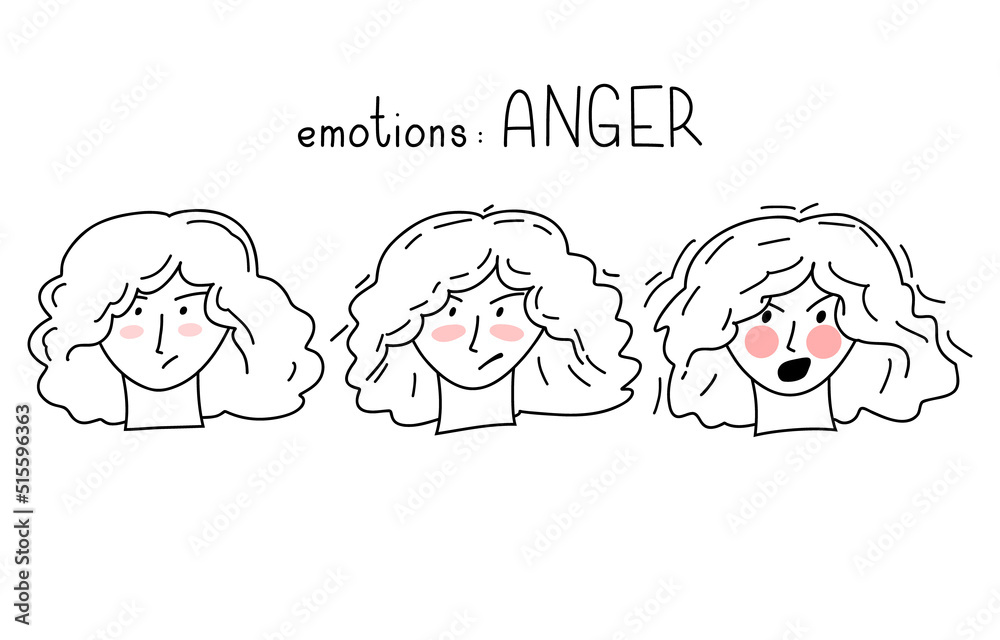 Hand-drawn doodle vector set with girl's faces with different emotions ...