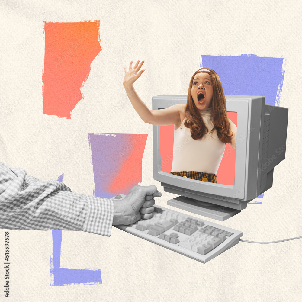 Contemporary art collage. Stylish young girl sticking out computer ...