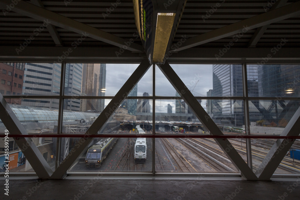 TORONTO, CANADA - NOVEMBER 13, 2018: Go Transit trains on Union station ...
