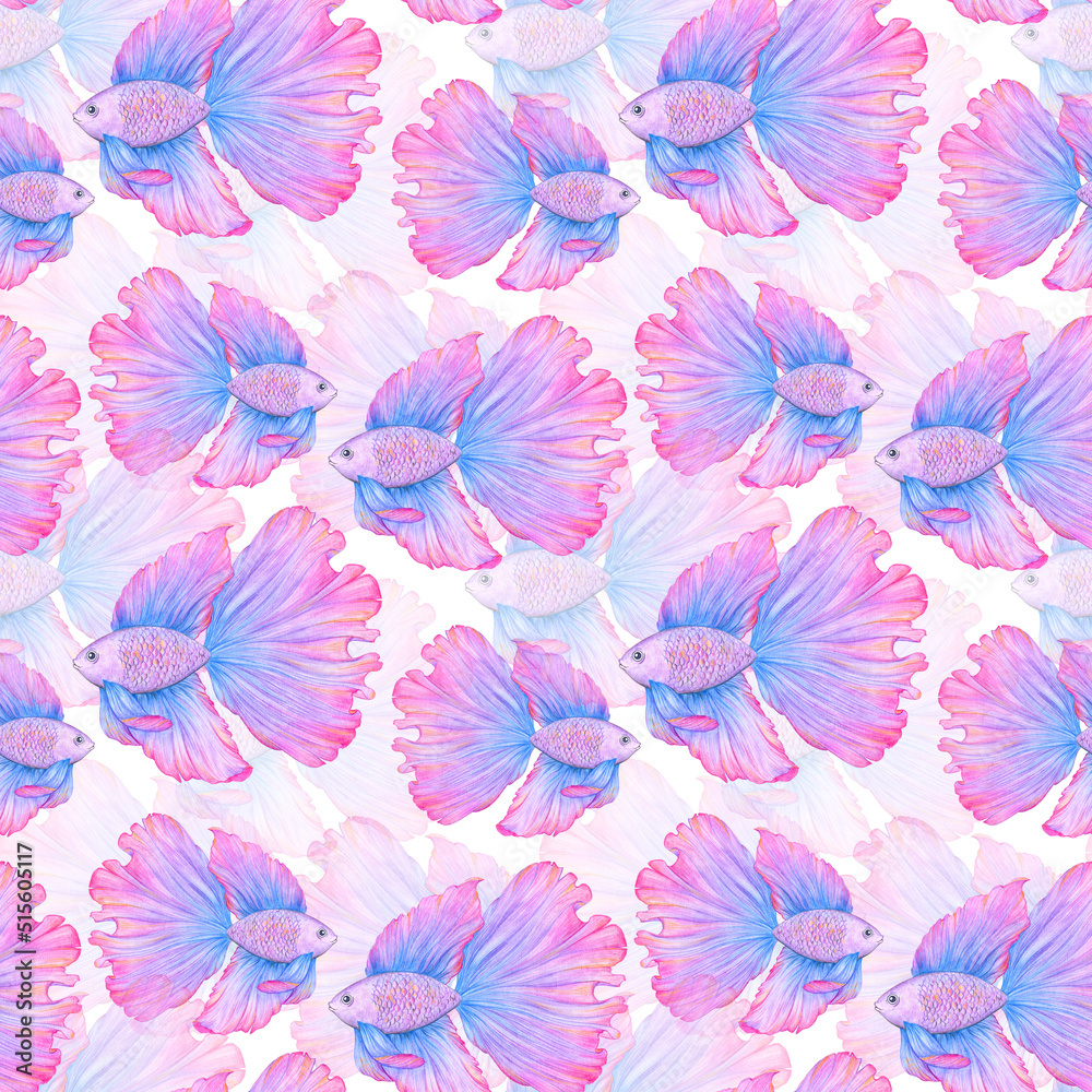 Betta splendens seamless pattern. Hand drawn illustration. Fighting fish. Blue and pink. Color ...