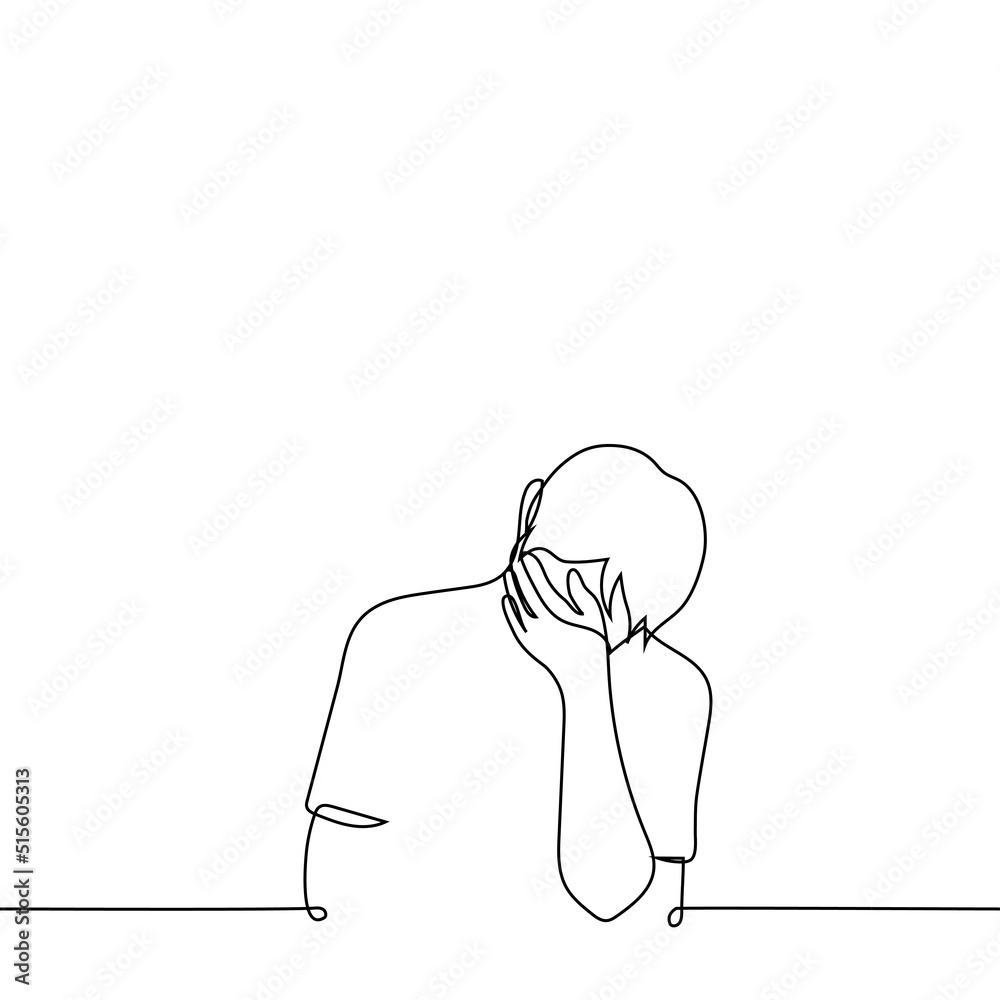man lowered his head covering his eyes with his hand - one line drawing ... man lowered his head covering his eyes with his hand - one line drawing ...