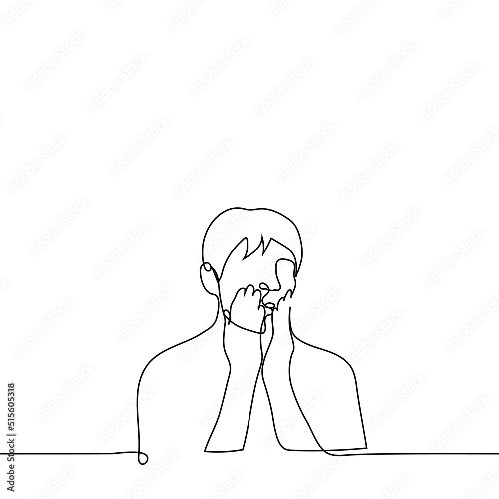 Man Grabbed His Own Cheeks With His Hands His Mouth Is Open One Line Drawing Vector Concept