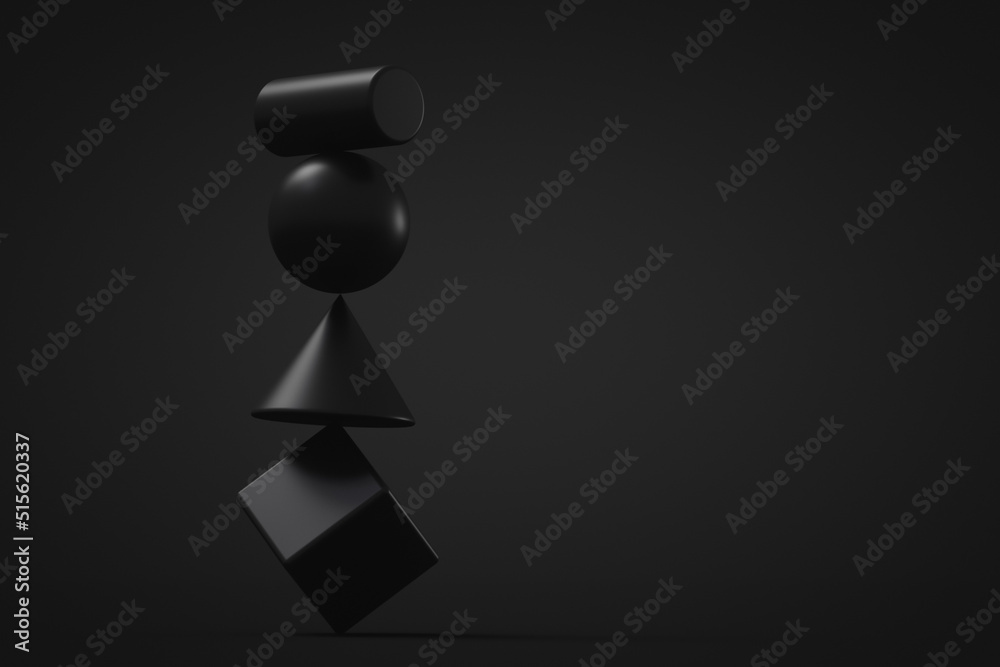 Cube, cone, sphere and cylinder are balancing on top of each other ...