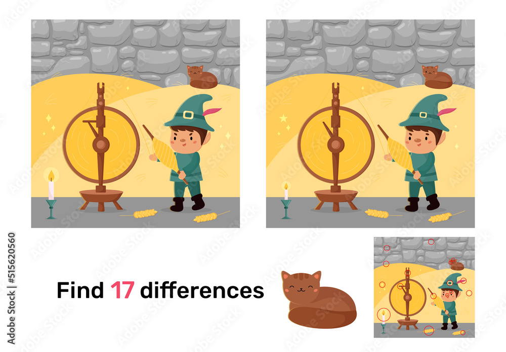 Find differences educational game. Rumpelstiltskin fairy tale. Kawaii ...