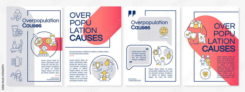 Overpopulation causes red and grey brochure template. Growth reasons ...