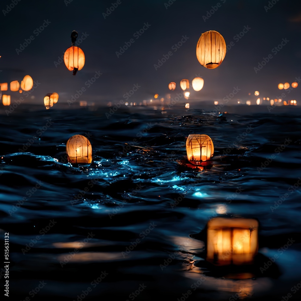 Oriental lanterns flying over the water. reflection of neon lights in ...