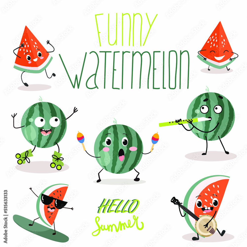 Whole watermelon and watermelon pieces are cute funny characters with ...