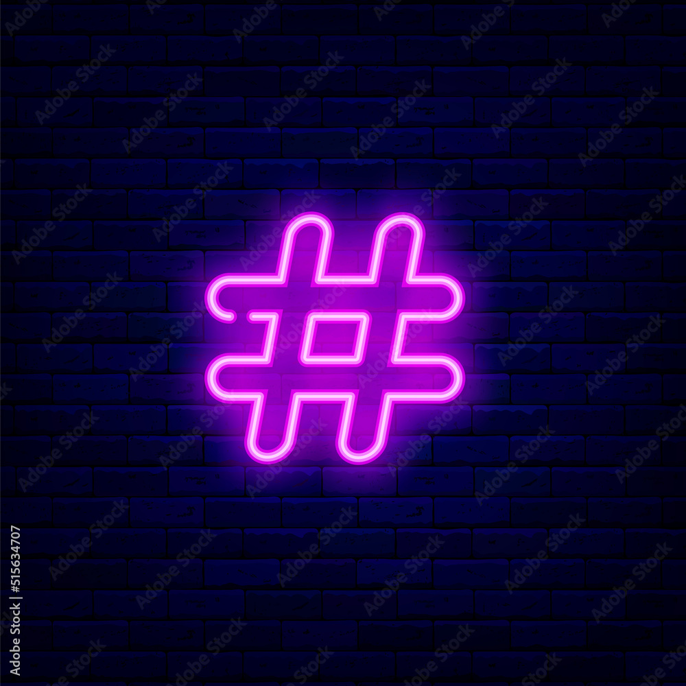Hashtag purple neon icon. Social media communication concept. Shiny ...