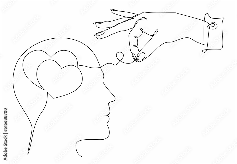 Continuous one line drawing of man head with a hearts inside and woman ...