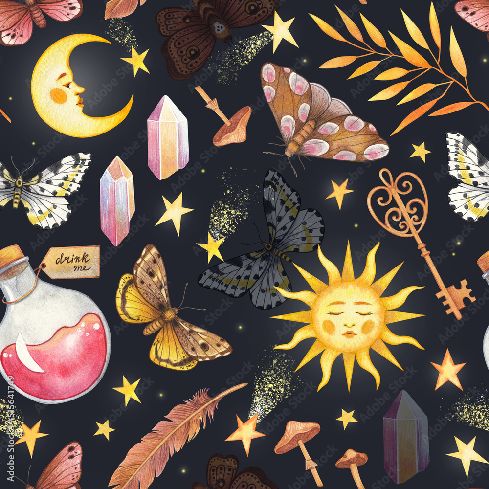 Watercolor seamless pattern of magic objects. The concept of a fairy ...
