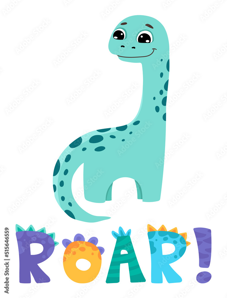 Cute dinosaur with roar lettering for birthday greeting card, baby shower invitation, nursery ...