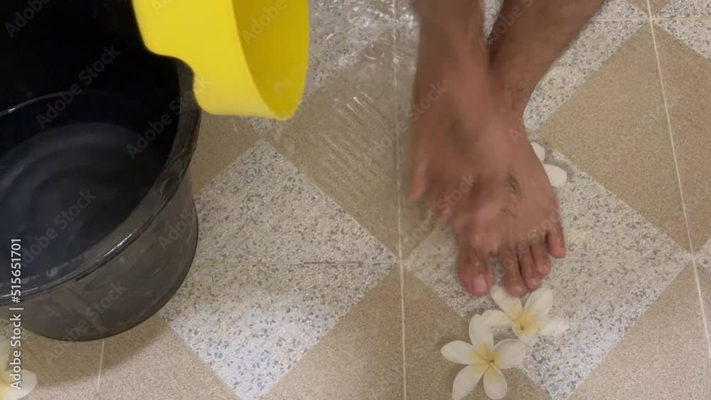 close-up foot washing. Wash foot to kill germs. Cleaning foot without ...