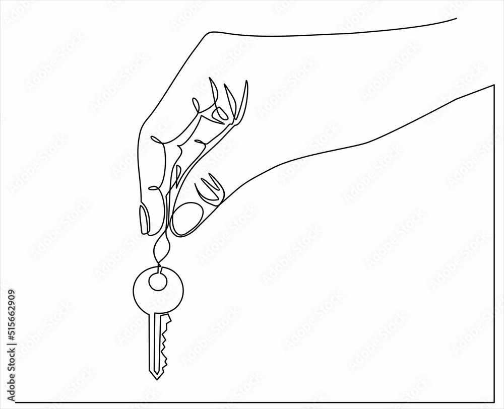 Continuous line drawing. The hand holds the key to the car or apartment ...