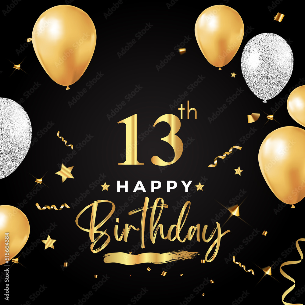 Happy 13th birthday with balloon, grunge brush, star and confetti ...