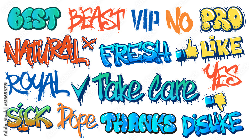 Graffiti tags. Fresh, best and dope street art text signs. Spray paint ...