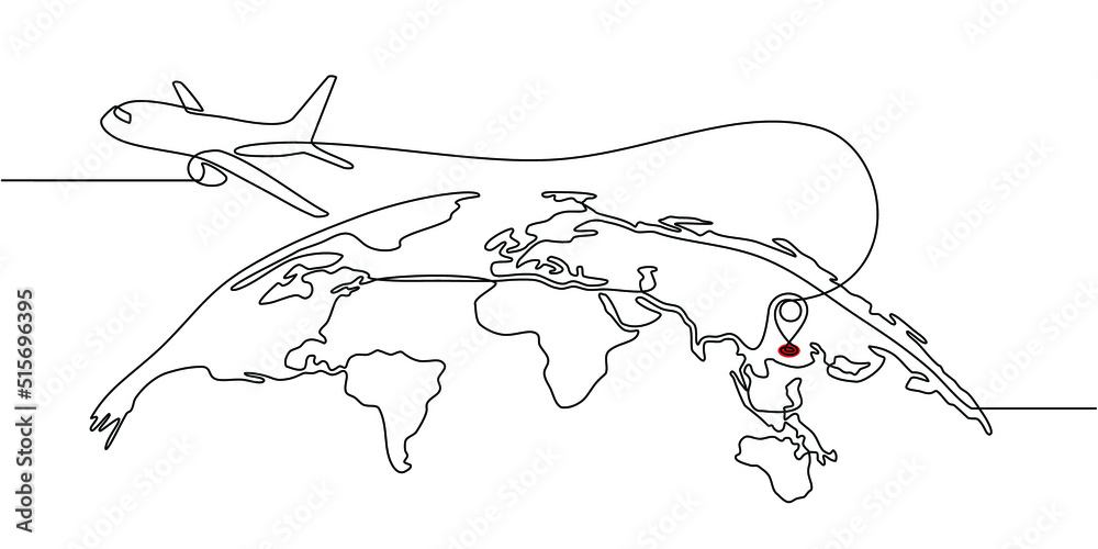 Continuous line drawing of airplane flight route and airport ...