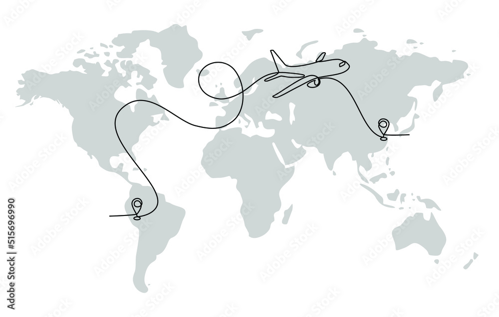 Continuous line drawing of airplane flight route and airport ...