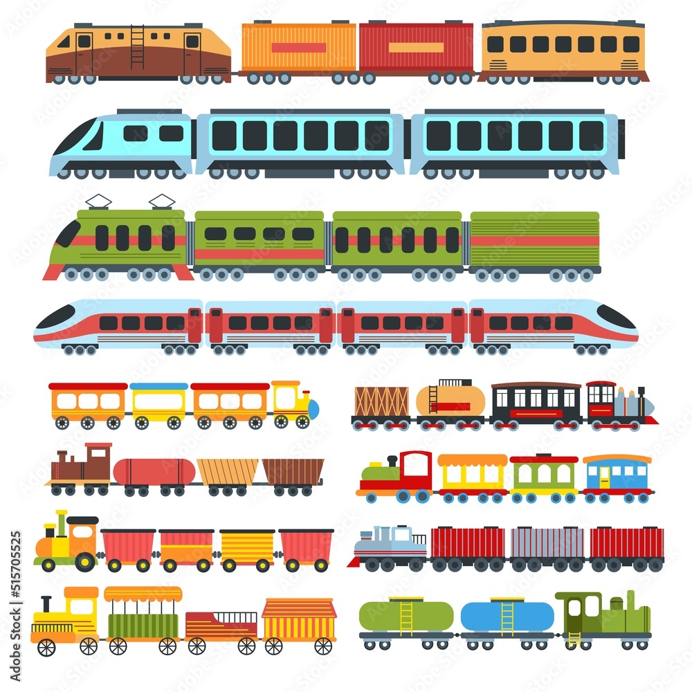 Cartoon trains. Kids toys train with wagons, childrens railway vector ...