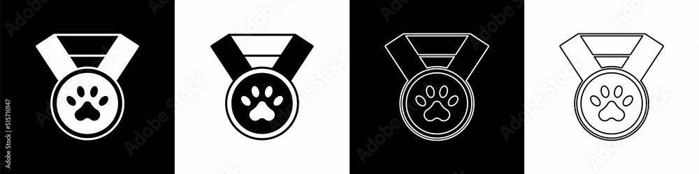 Set Pet award symbol icon isolated on black and white background. Badge ...