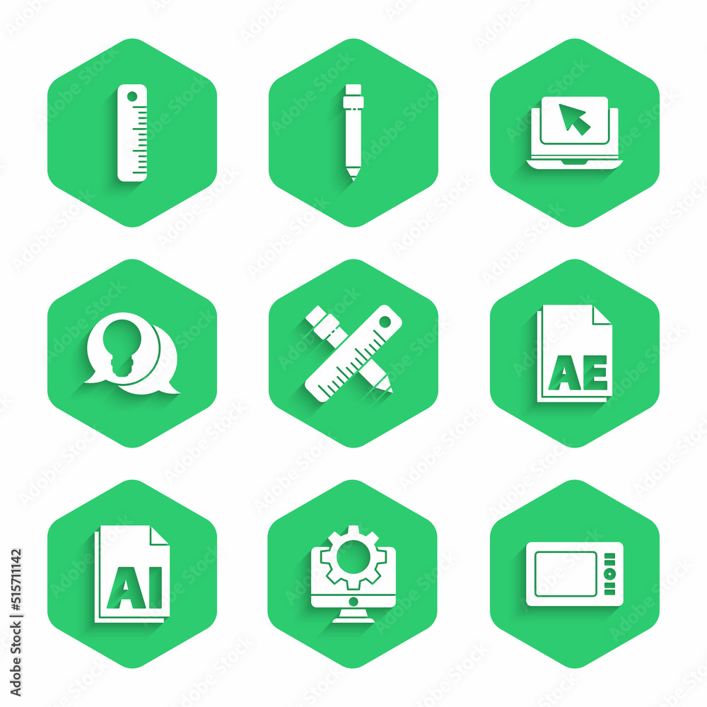 Set Crossed ruler and pencil, Computer monitor gear, Graphic tablet, AE ...