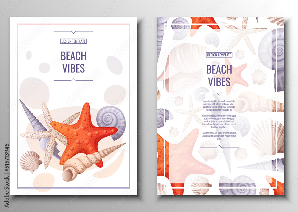 Flyer set with seashells and orange starfish. Banner, flyer, poster A4 ...