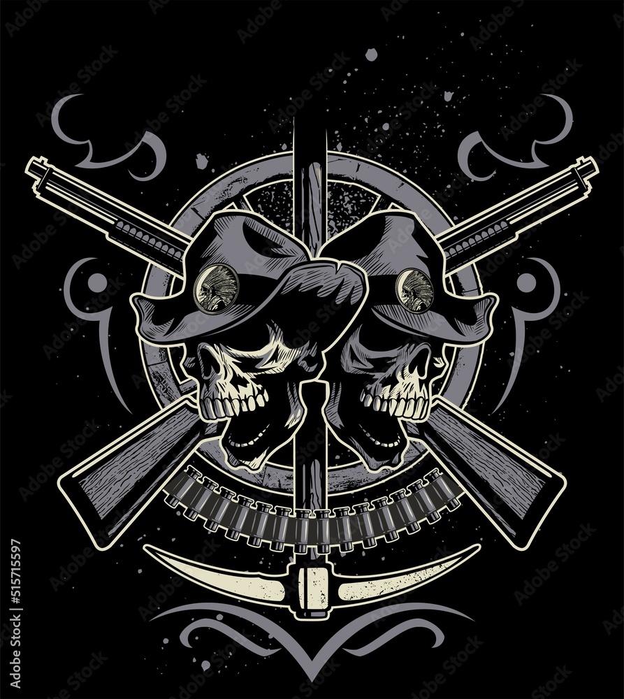 Vector vintage style human skulls in the cowboy hats, with the two ...