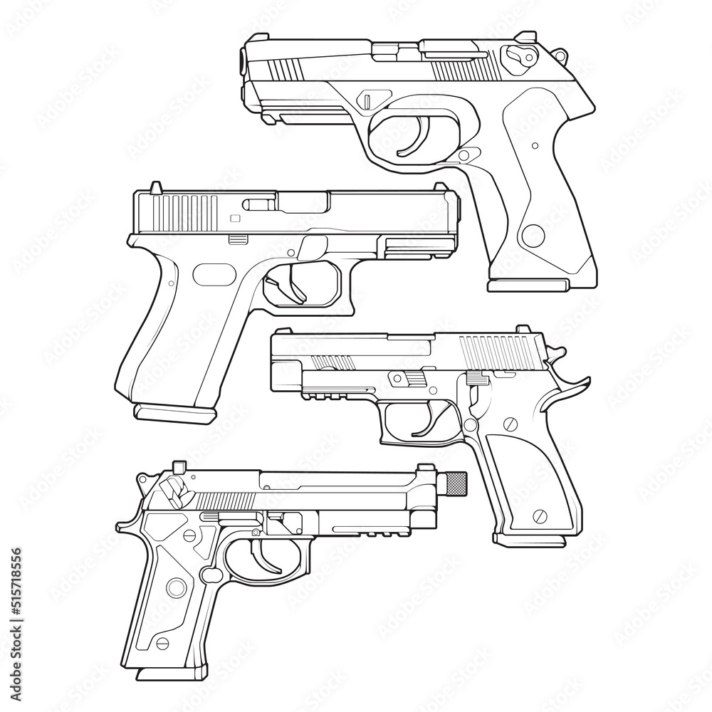 Set of firearms line art style, Shooting gun, Weapon illustration ...