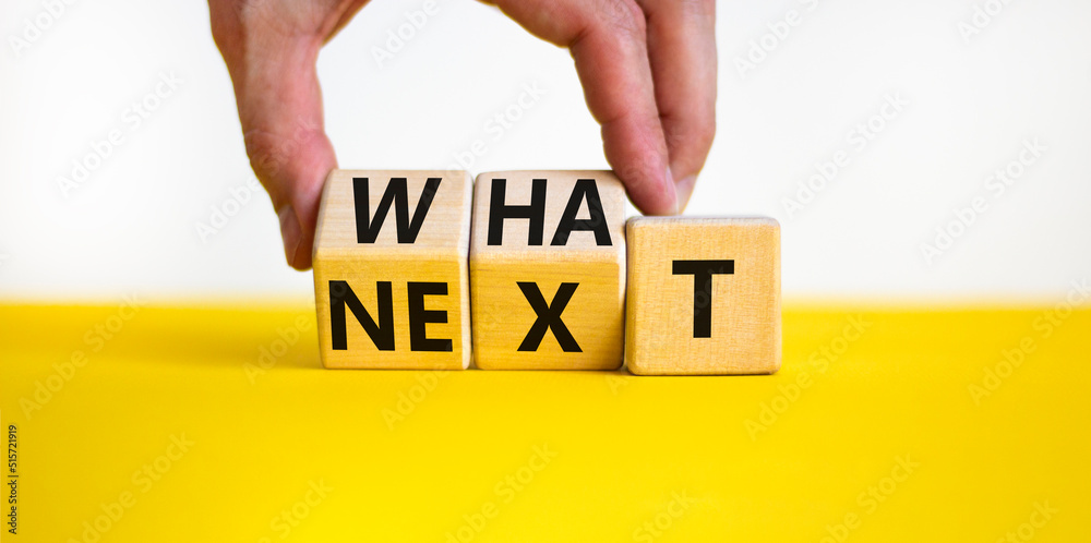 What next symbol. Concept words What next on wooden blocks. Businessman ...